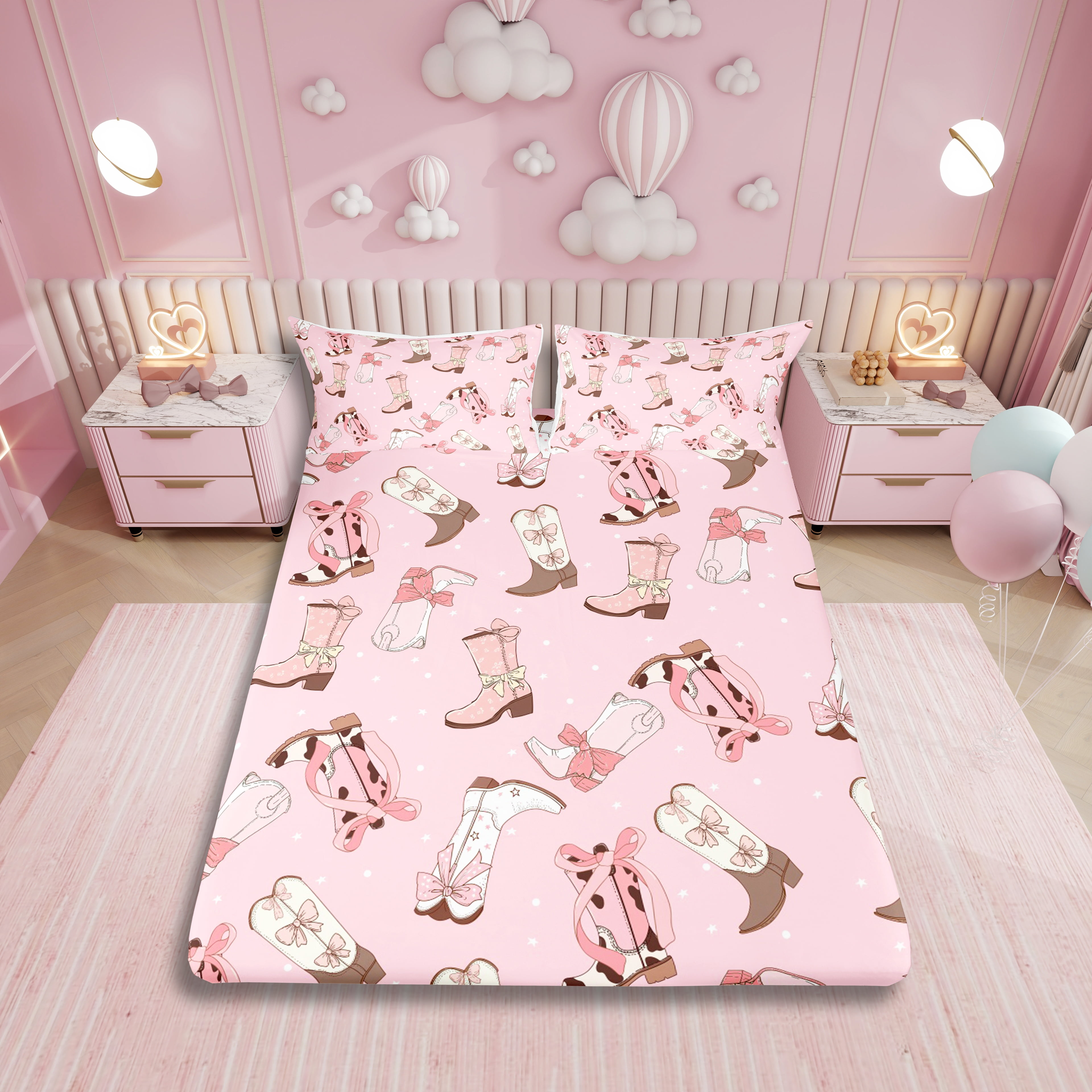 CowSheets Cowboy Hat Boots Sheet Set Queen Size Pink Kawaii Bow-Tie Bed ...