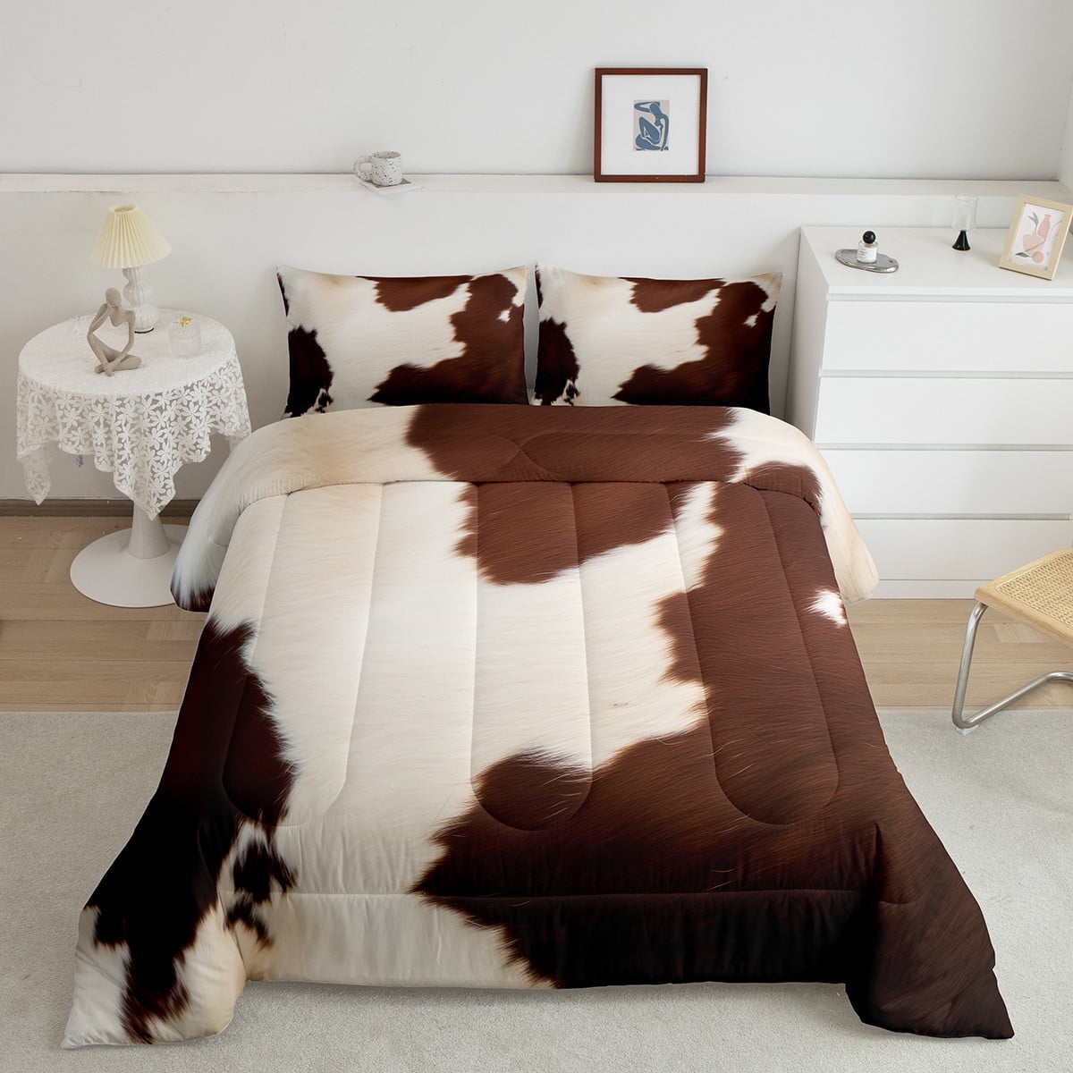 YST Cowhide Bedding Queen Size Brown Beige Cow Printed Comforter Set ...