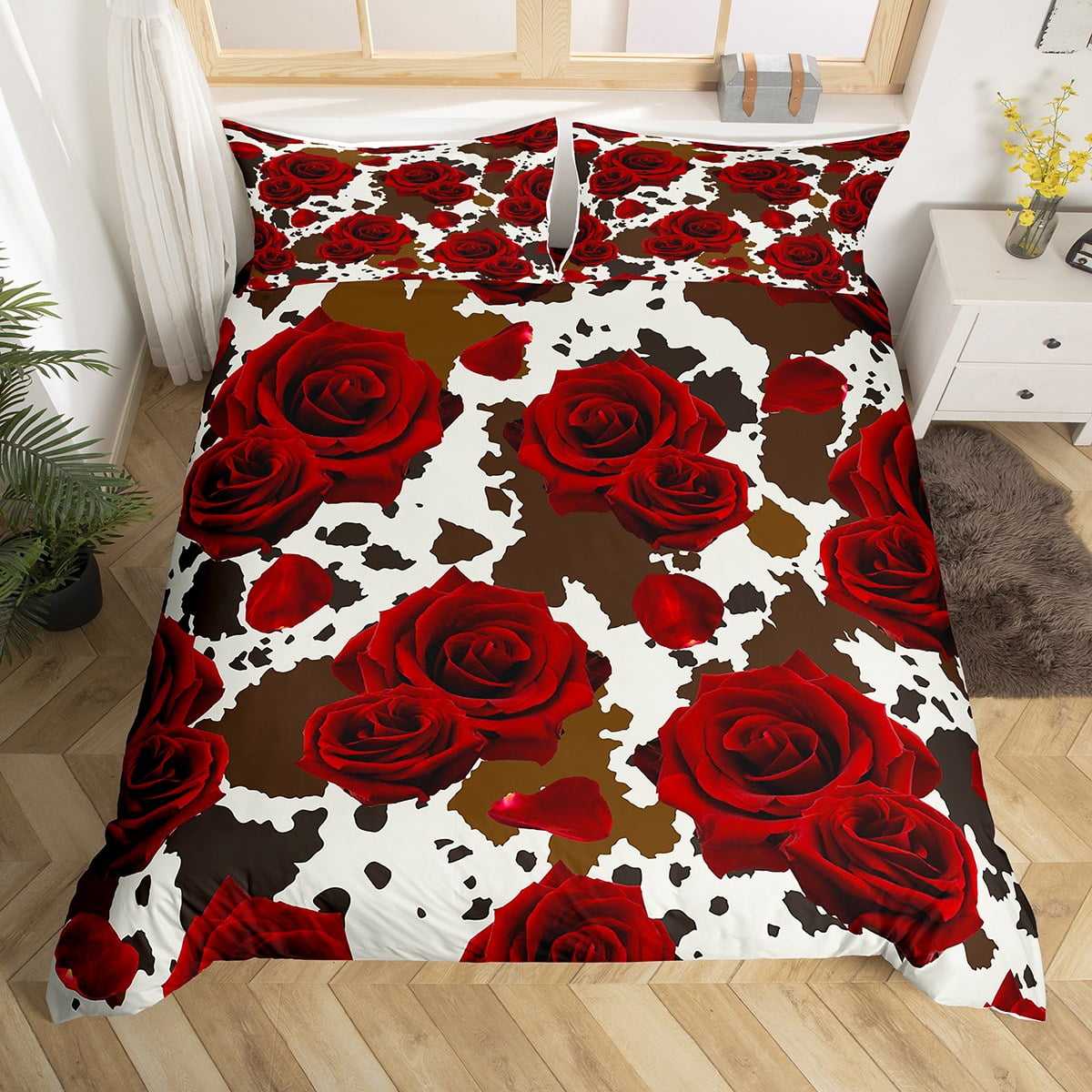 YST Cowhide Duvet Cover for Men Women,Vintage Red Rose Bedding Set King ...