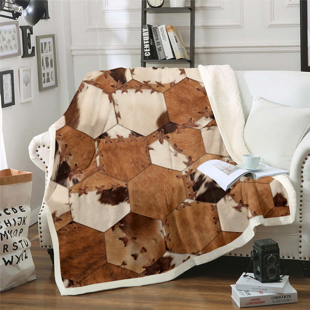 YST Cowhide Plush Bed Blanket Patchwork Cow Print Blanket Rustic Farm ...