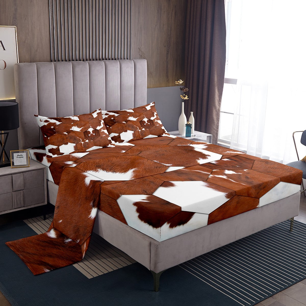 Cowhide Queen Sheet Set for Cowboy Teens Rustic Farm Animal Print Bed Sheets Set Geometry ...