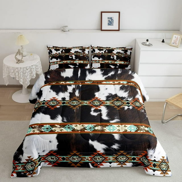 Erosebridal Cowhide Quilt Black and White Highland Cow Print Comforter Set,Western Bedding Sets ...