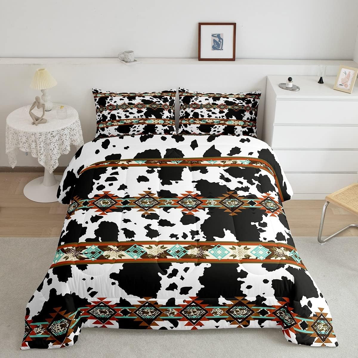 Cowhide Quilt Black and White Highland Cow Print Twin Comforter Set ...