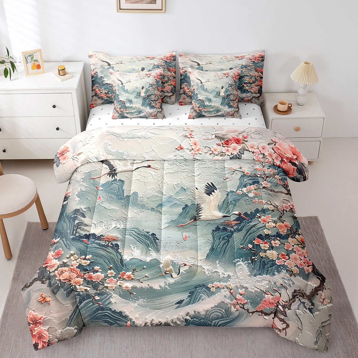 YST Crane Bird 7 Piece Bed In A Bag Twin Mountain Cherry Blossom ...