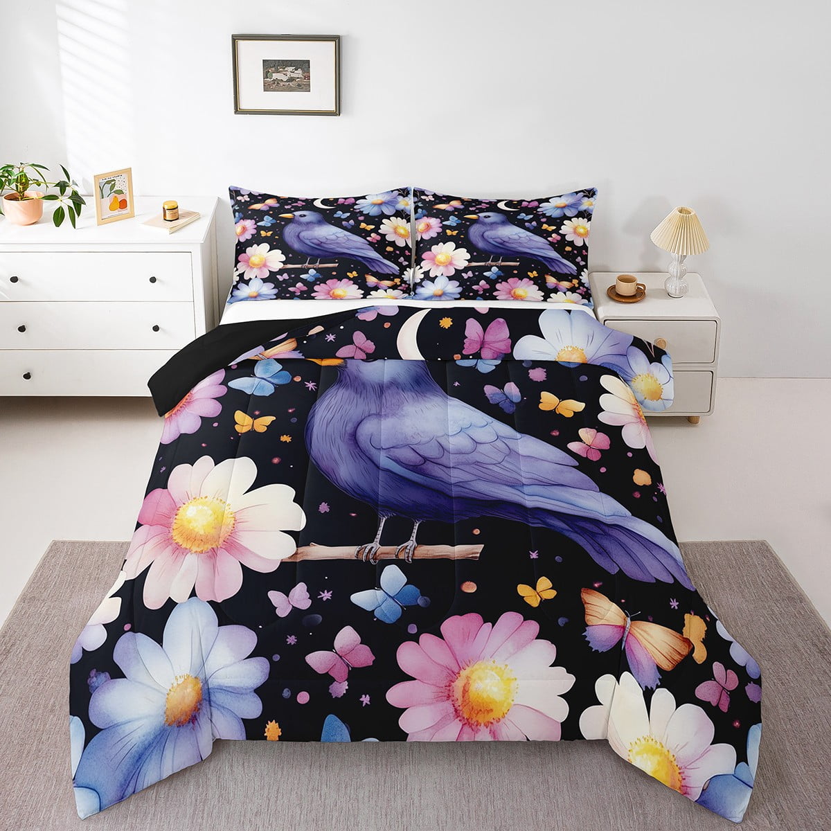 Crow Quilt Twin Size , Raven Halloween Decor Comforter Set Bird Animal ...