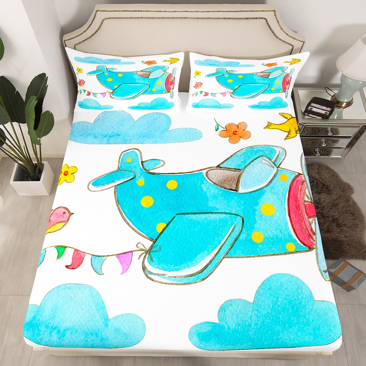 YST Cute Airplane Fitted Sheet Full Size,Hand Drawn Style Flying ...