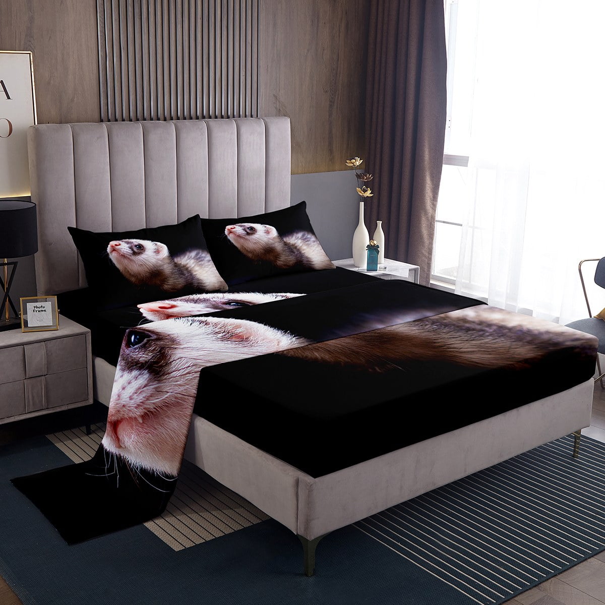 Erosebridal Cute Animal Bed Sheets Set Kawaii Ferret King Size Sheet Sets, Black White Sheets ...