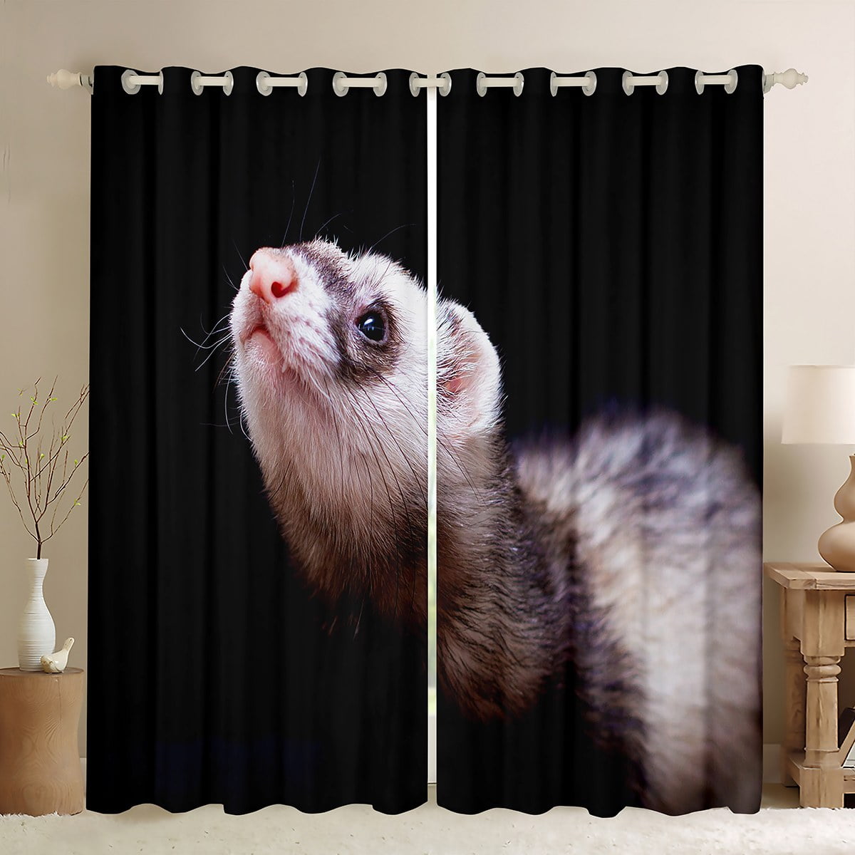YST Cute Animal Blackout Curtains Kawaii Ferret Curtains, Black White ...