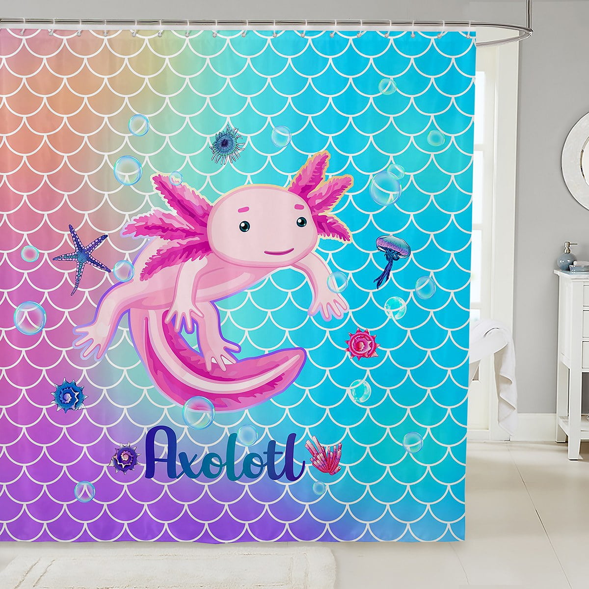 Cute Axolotl Bath Curtain Twin Purple Blue Mermaid Scales Shower ...