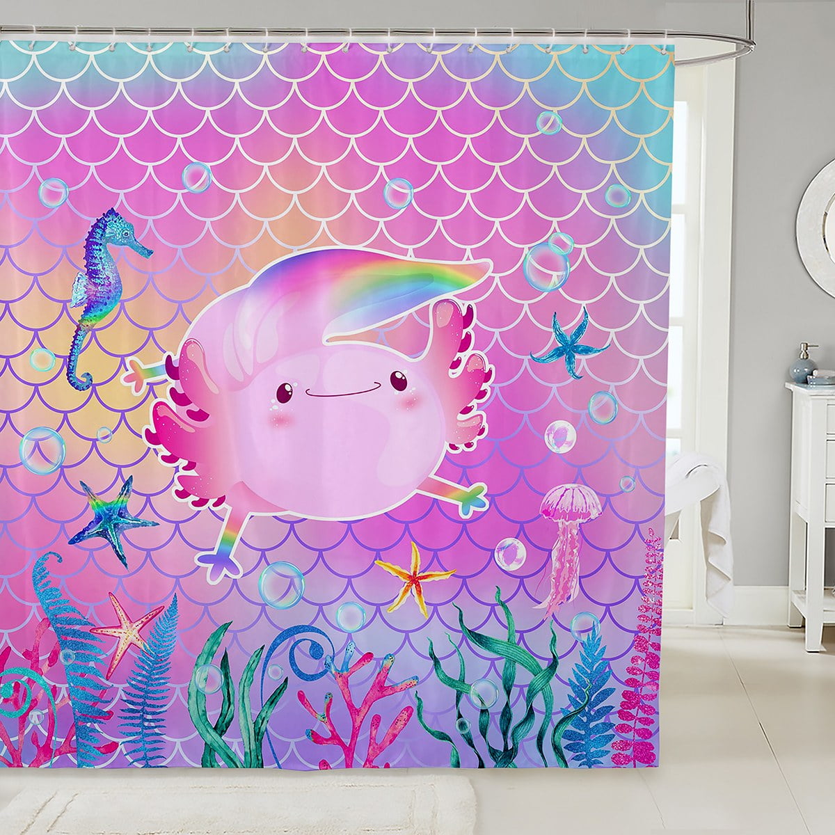 YST Cute Axolotl Bathroom Curtain Mermaid Scales Shower Curtain For ...