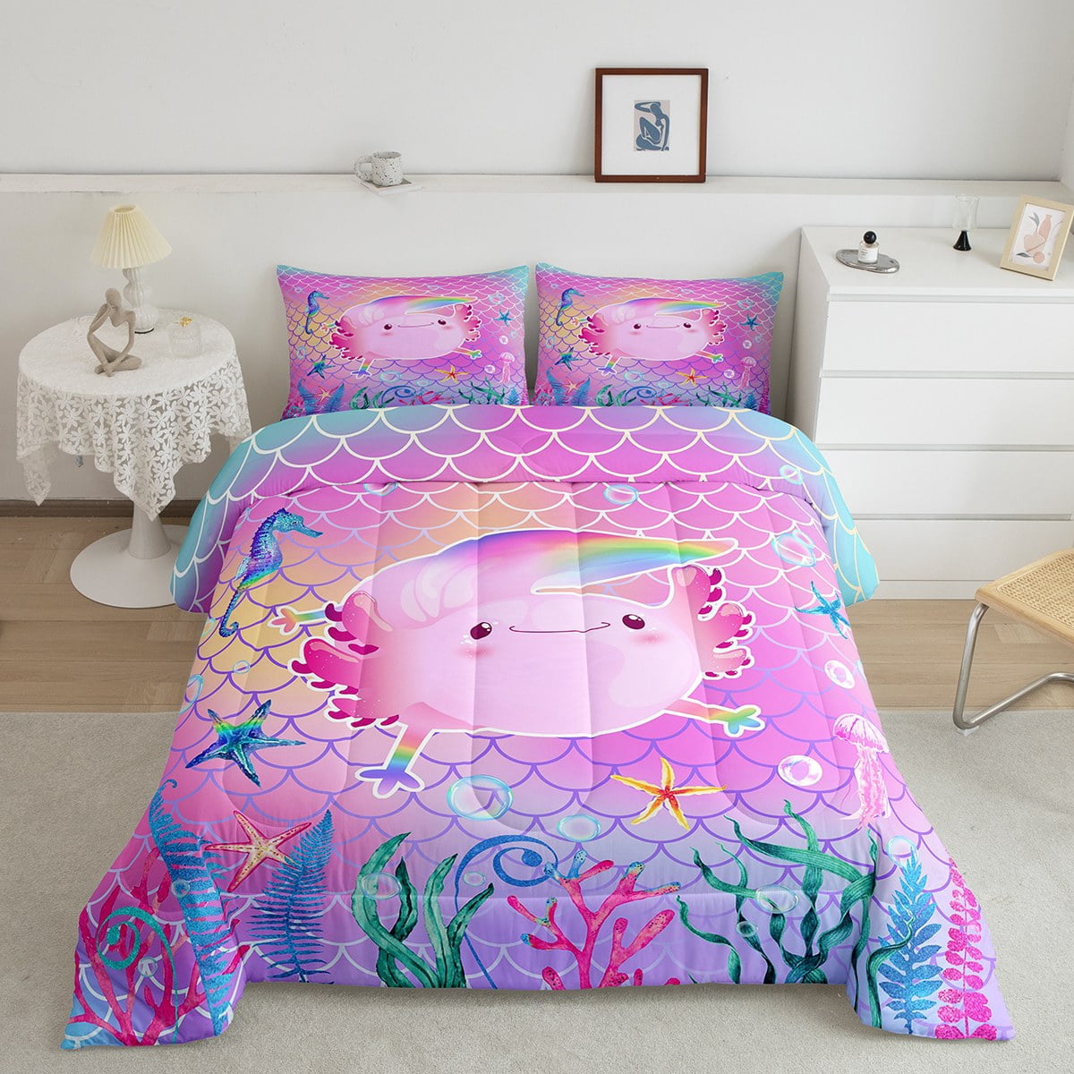 YST Cute Axolotl Down Comforter Mermaid Scales Bedding Set For Kids ...