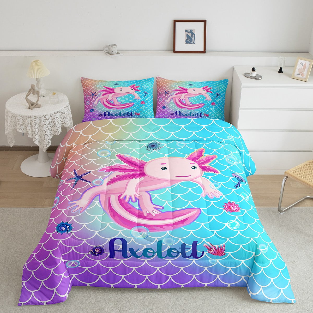 Erosebridal Cute Axolotl Comforter Set Queen Purple Blue Mermaid Scales ...