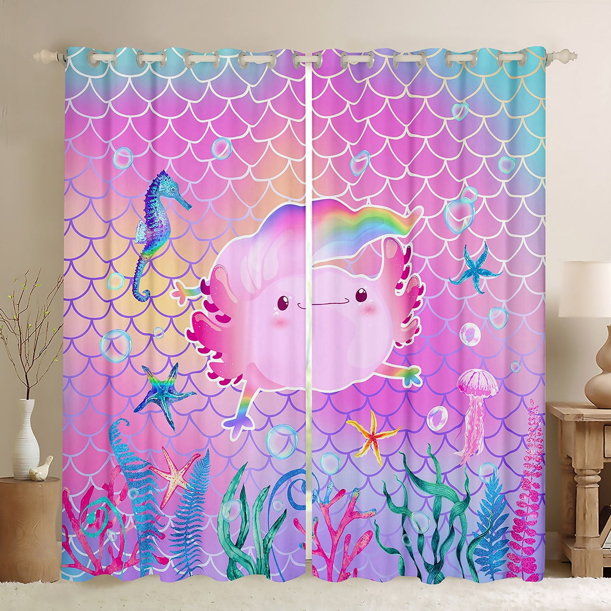 Cute Axolotl Curtains & Drapes Mermaid Scales 30%-50% Blackout Curtains ...