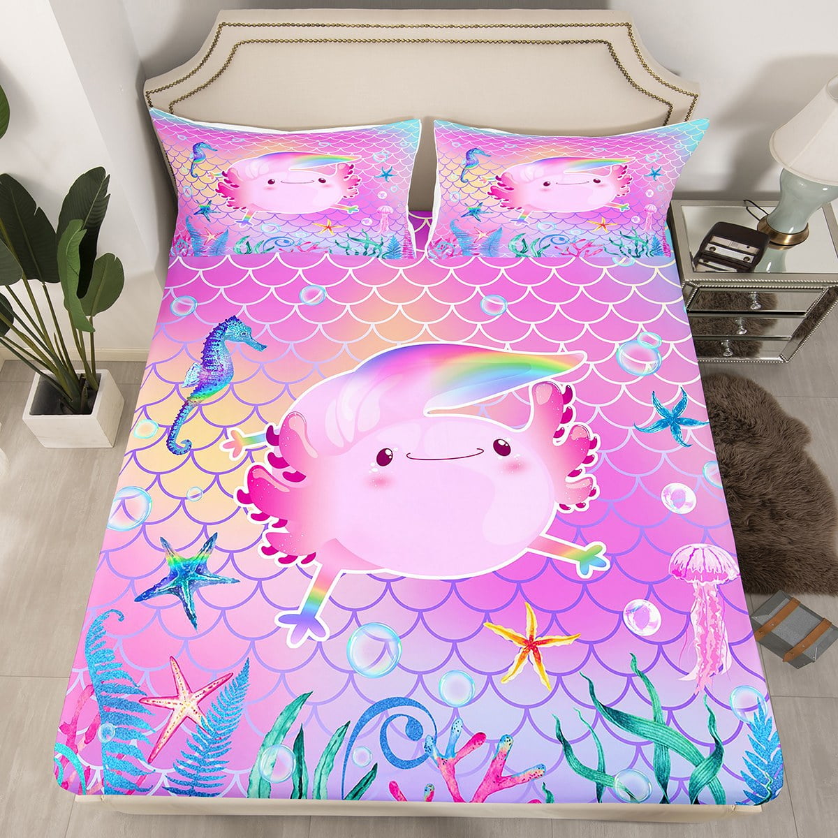 Erosebridal Cute Axolotl Fitted Sheet Mermaid Scales Bed Sheets Pastel ...