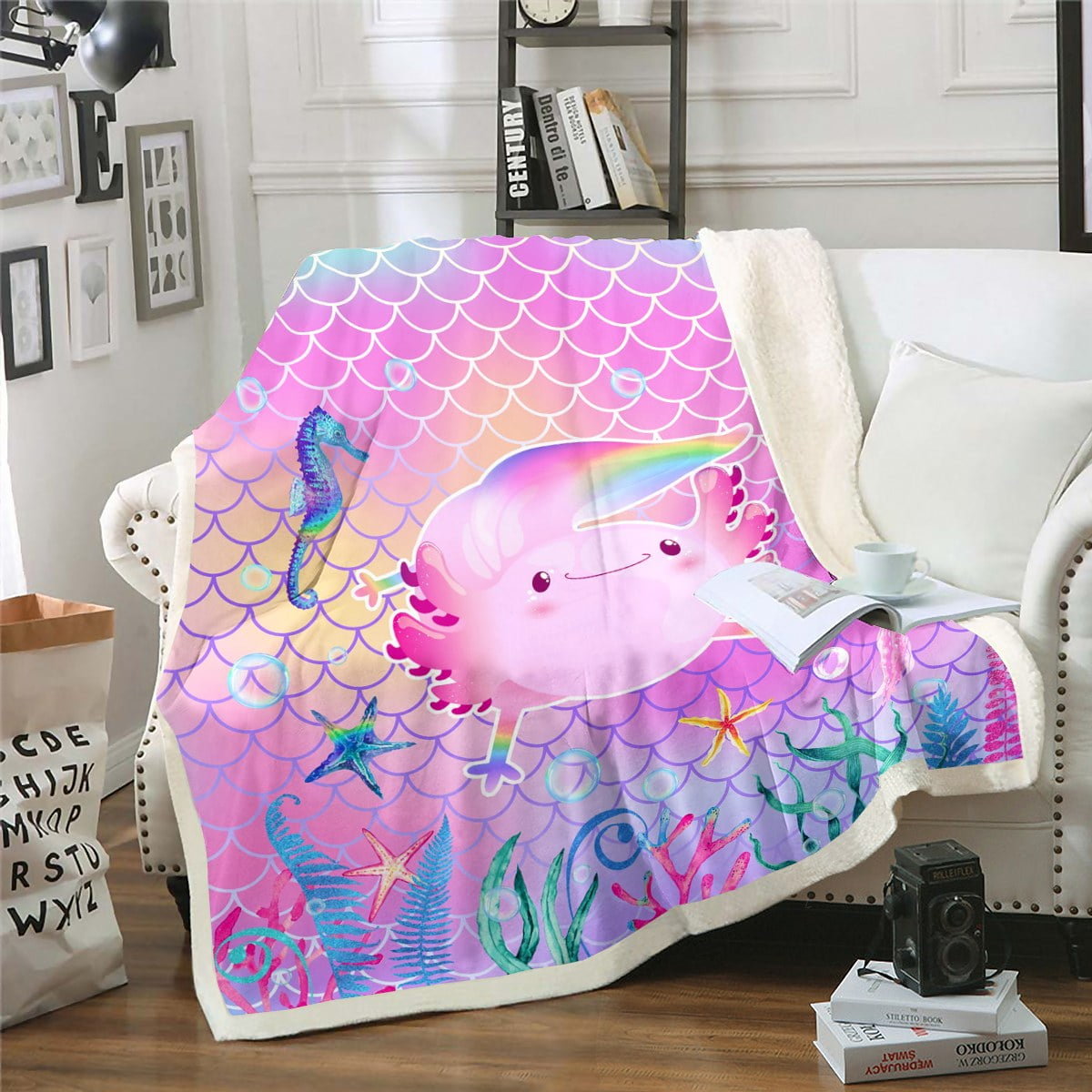Cute Axolotl Fleece Blanket Mermaid Scales Throw Blanket Pastel Rainbow ...