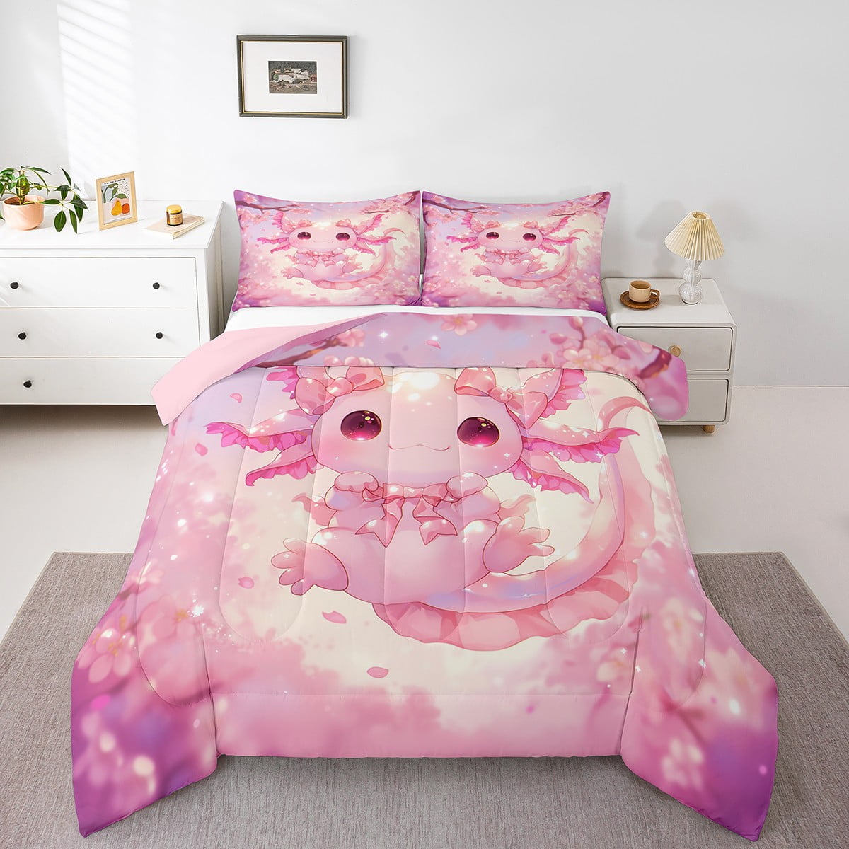 Cute Axolotl Comforter Set Full Size,Kawaii Salamander Painting Bedding ...