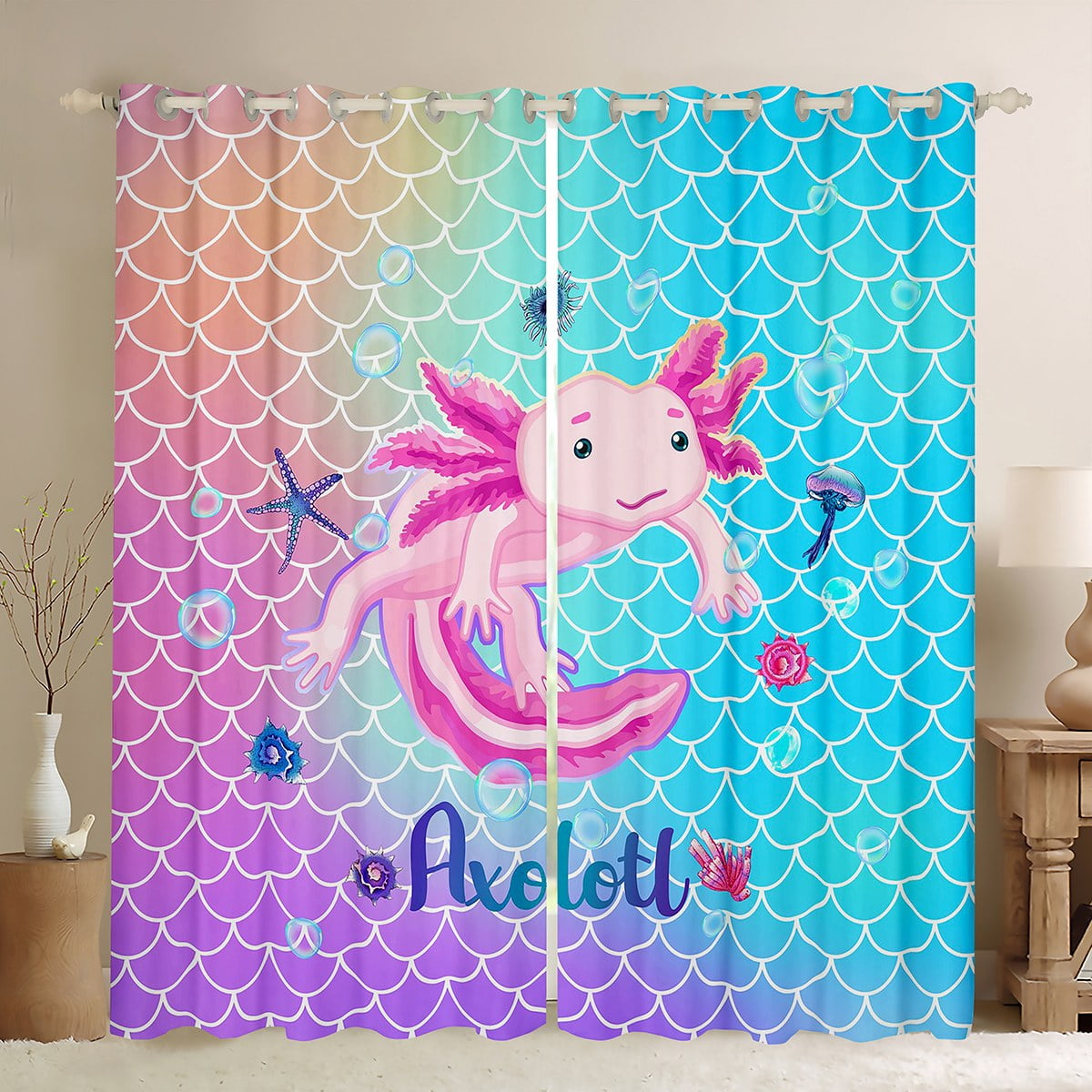 YST Cute Axolotl Window Curtains 38"Wx54"L Purple Blue Mermaid Scales ...