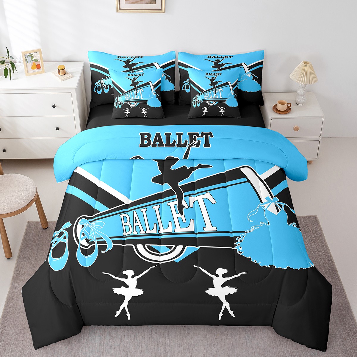 Cute Ballerina King Comforter Set 7-Piece Black and Blue Bedding ...