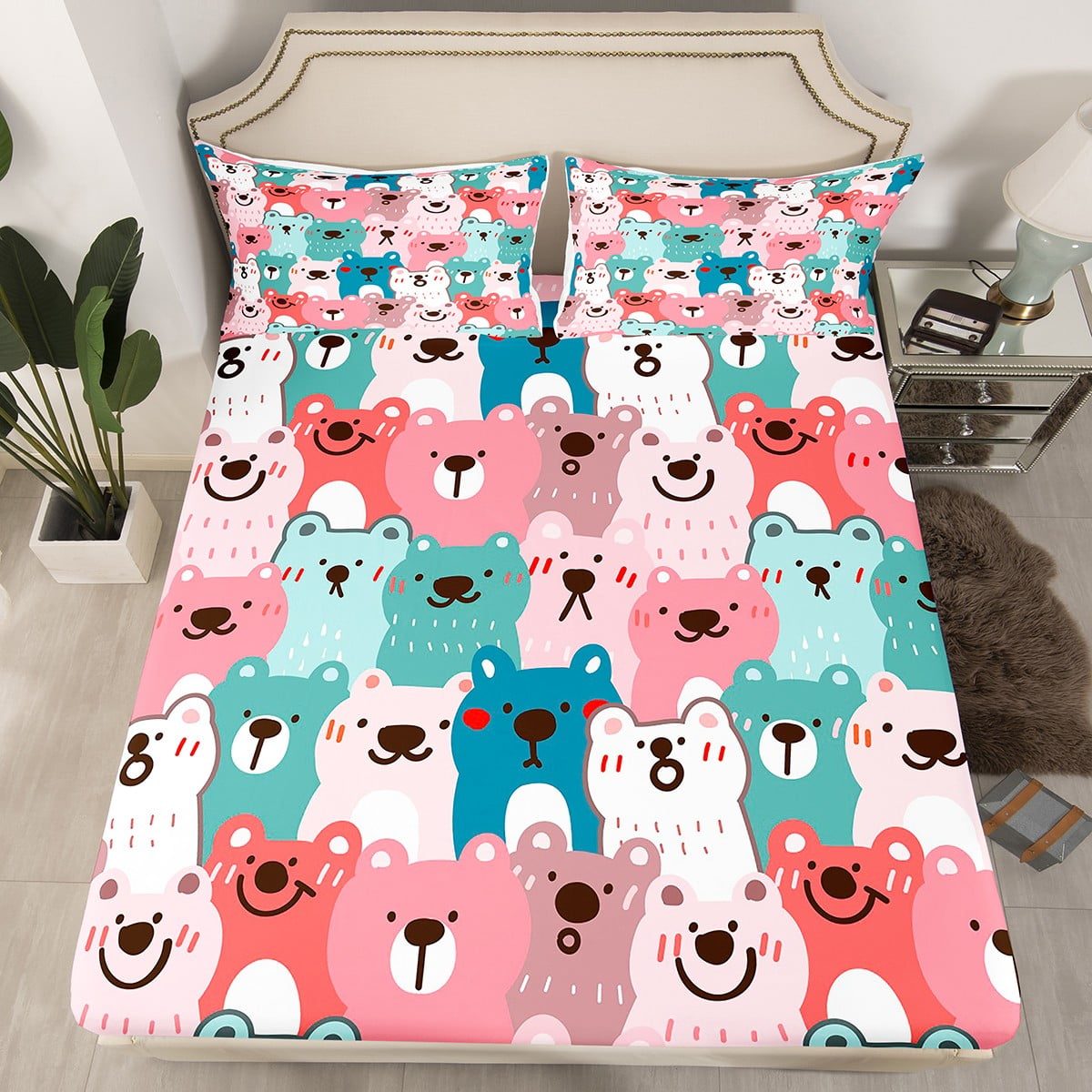 YST Cute Bear Bed Sheets For Girls Boys, Kawaii Animal Fitted Sheet For ...