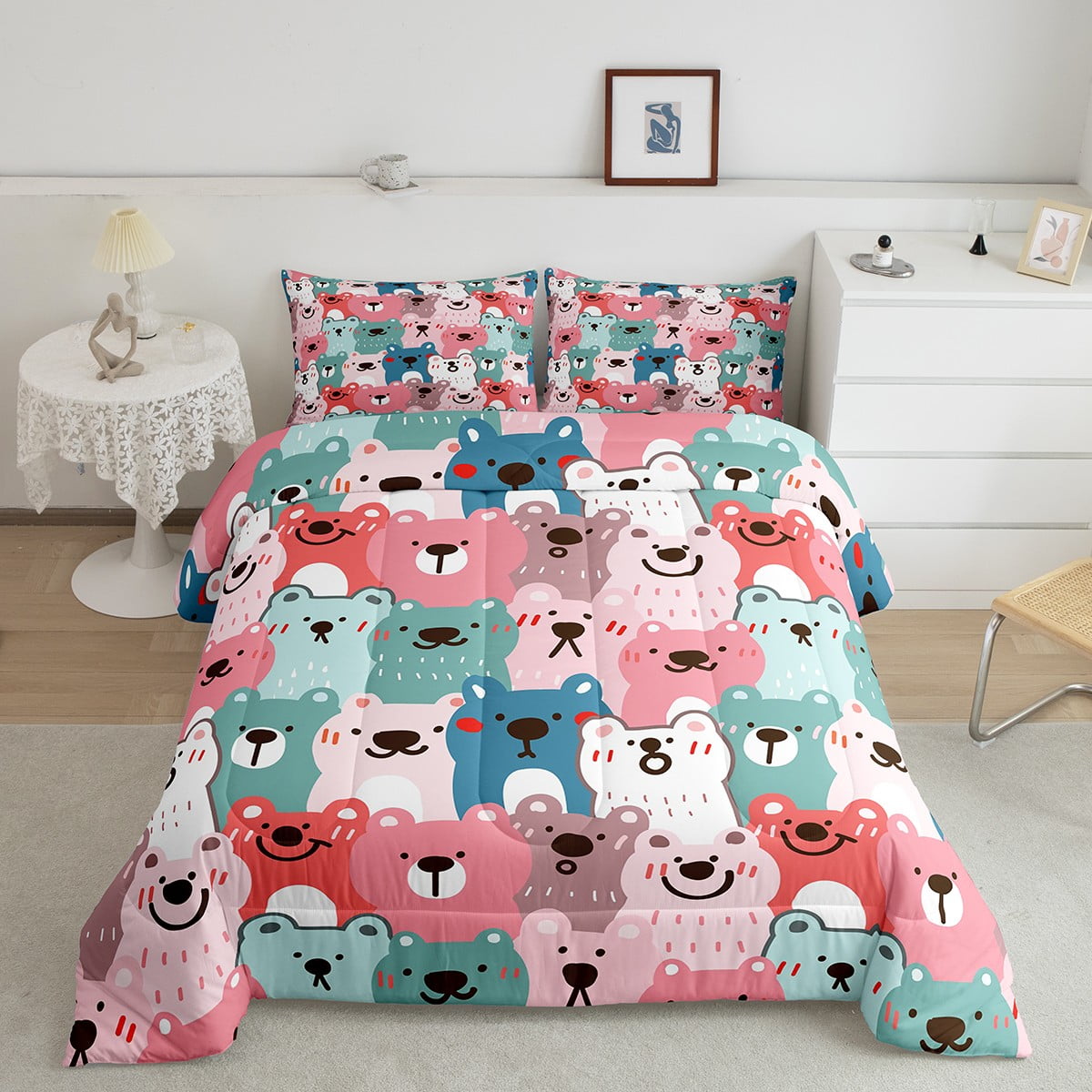 Erosebridal Cute Bear Comforter Set, Kawaii Animal Bedding Set Women ...