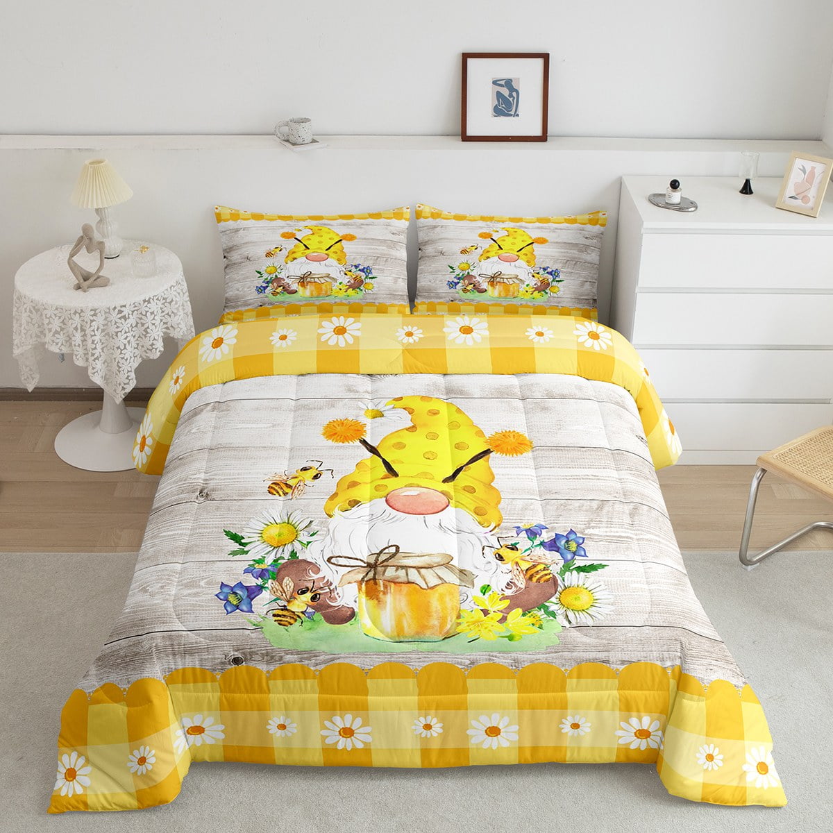 Erosebridal Cute Bee Gnome Queen Bedding Sets,Yellow Kawaii Spring ...