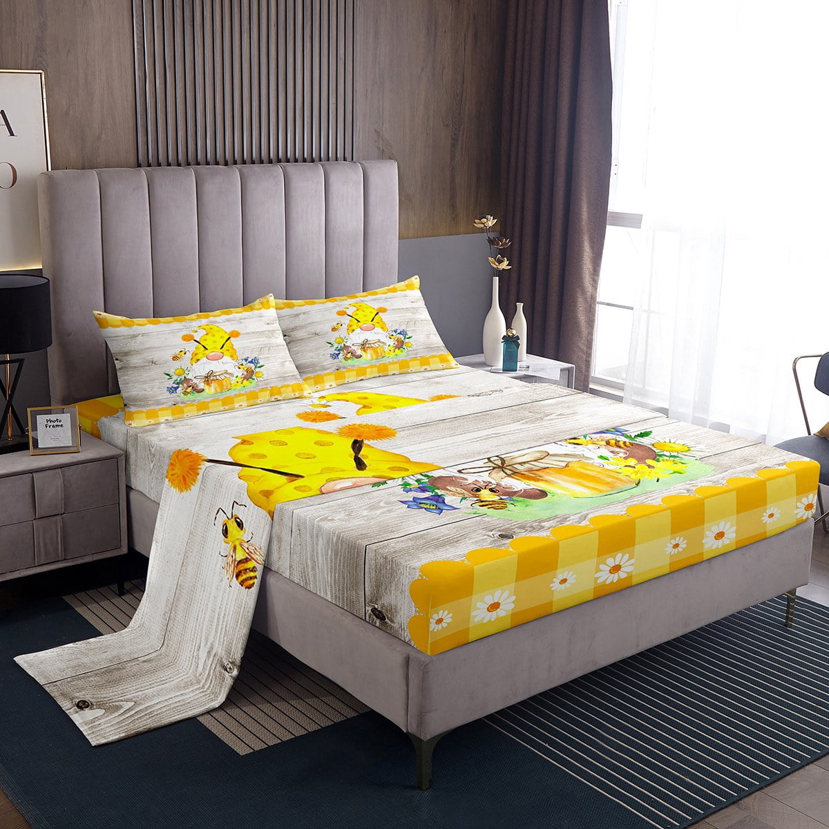 Erosebridal Cute Bee Gnome Queen Sheet Set,Yellow Kawaii Spring Gnome ...