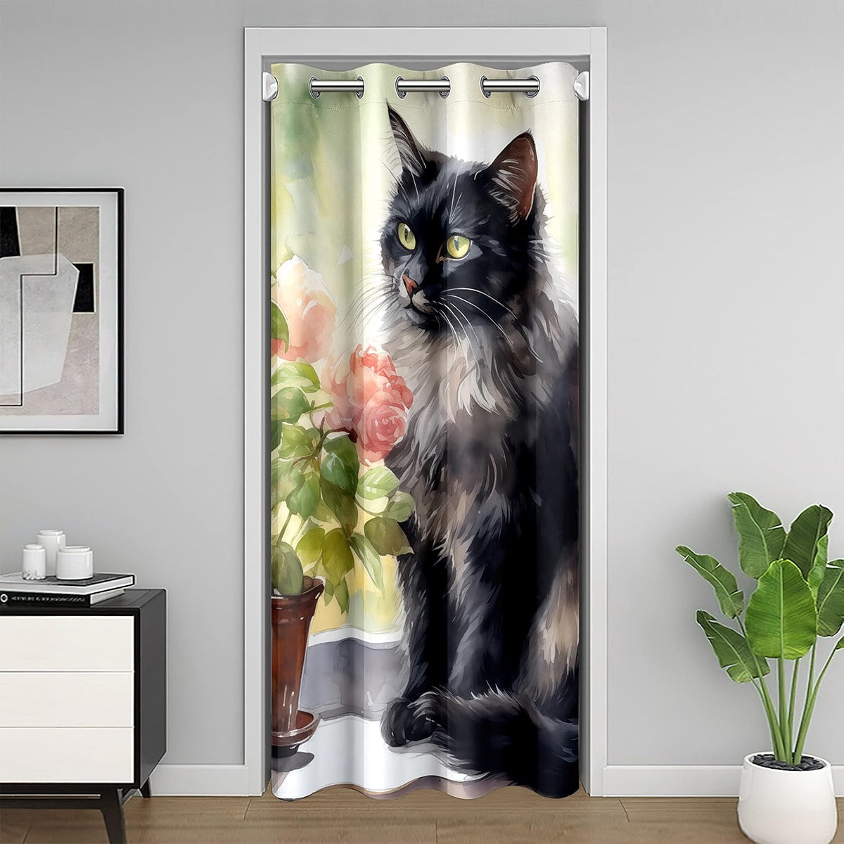 Cute Black Cat 34"W X 80"L Blackout Curtain,Kawaii Animal Door Curtain ...