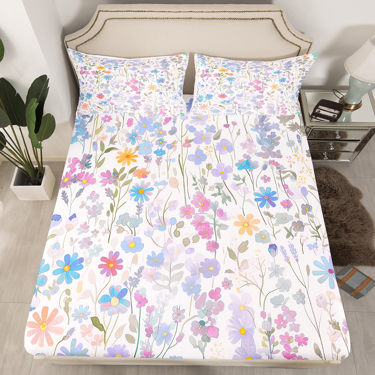 YST Cute Blue Floral Full Fitted Sheet for Kids Girls Boys,Colorful ...
