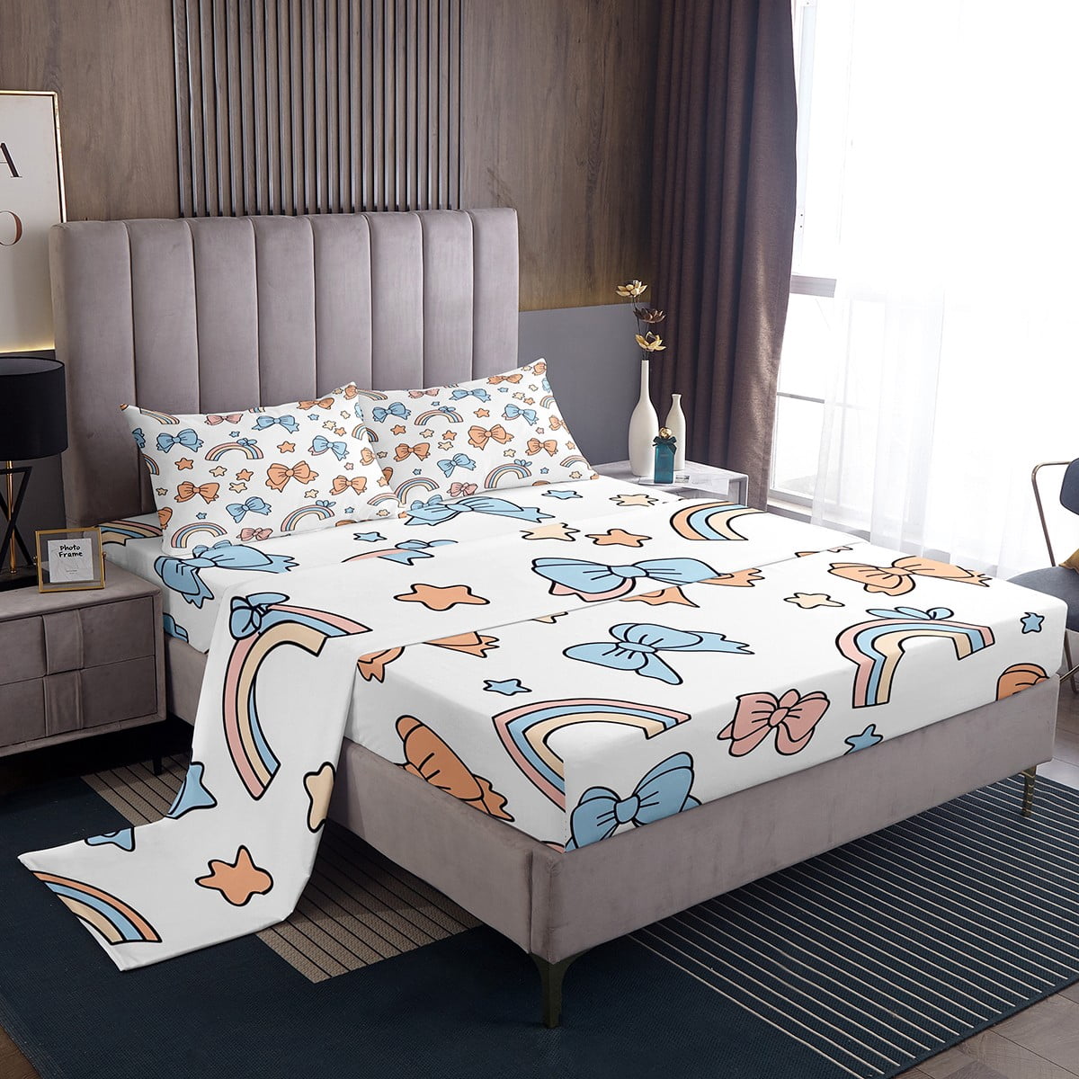YST Cute Bow Knot King Size Sheet Sets 4pcs, Cartoon Rainbow Stars Soft ...
