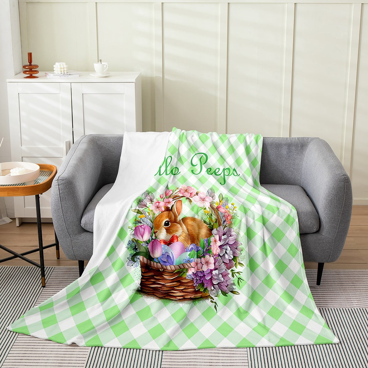 Cute Bunny Throw Blanket Twin 60x80,Easter Theme Fleece Blanket ,Green ...