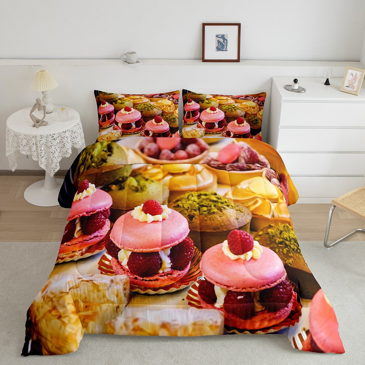 Cute Cake Bedding Set Adults,Raspberry Fruit Cakes Comforter Set Queen ...