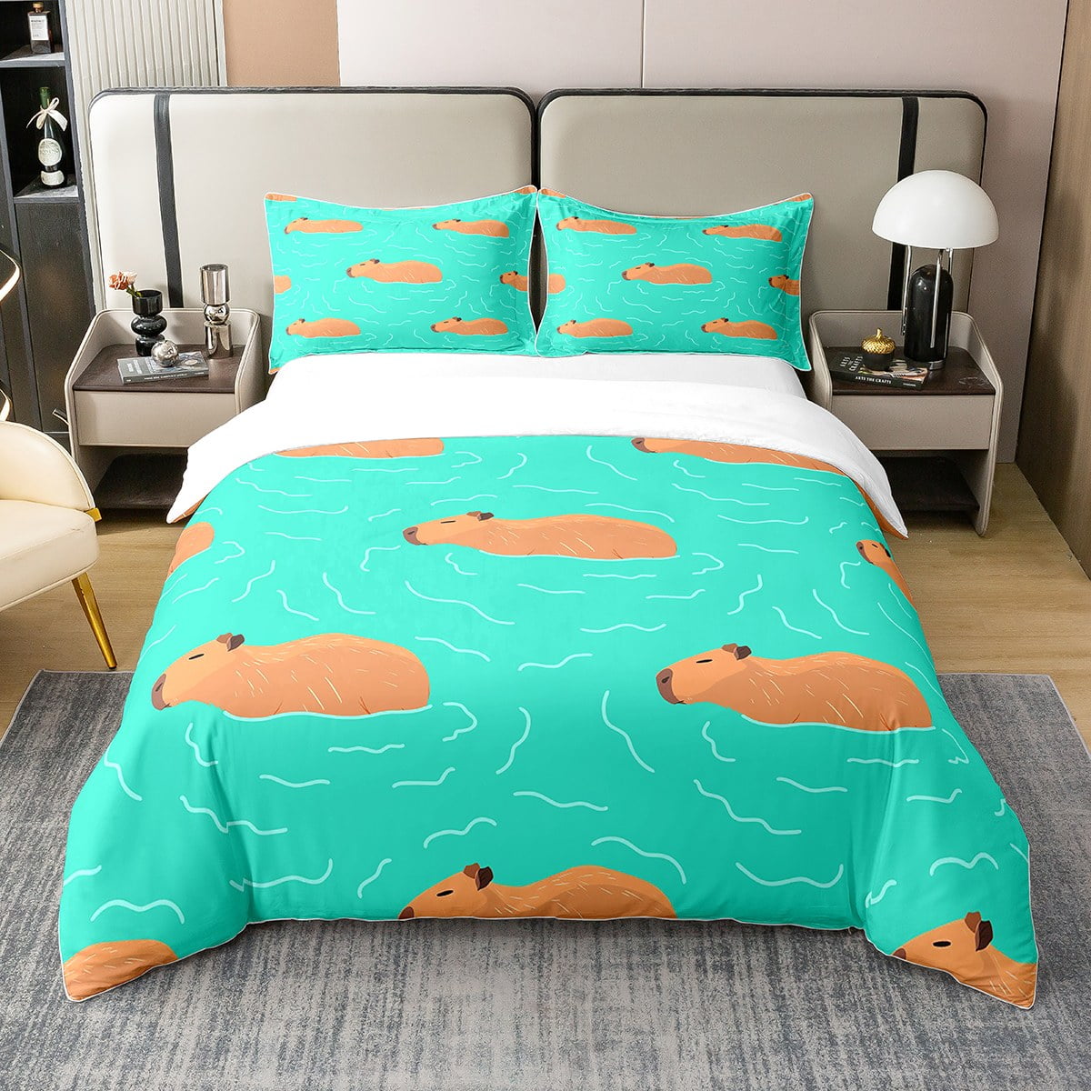 YST Cute Capybara 100% Cotton Duvet Cover for Kids,Wild Animal Comforter Cover,Blue Rive Bedding ...