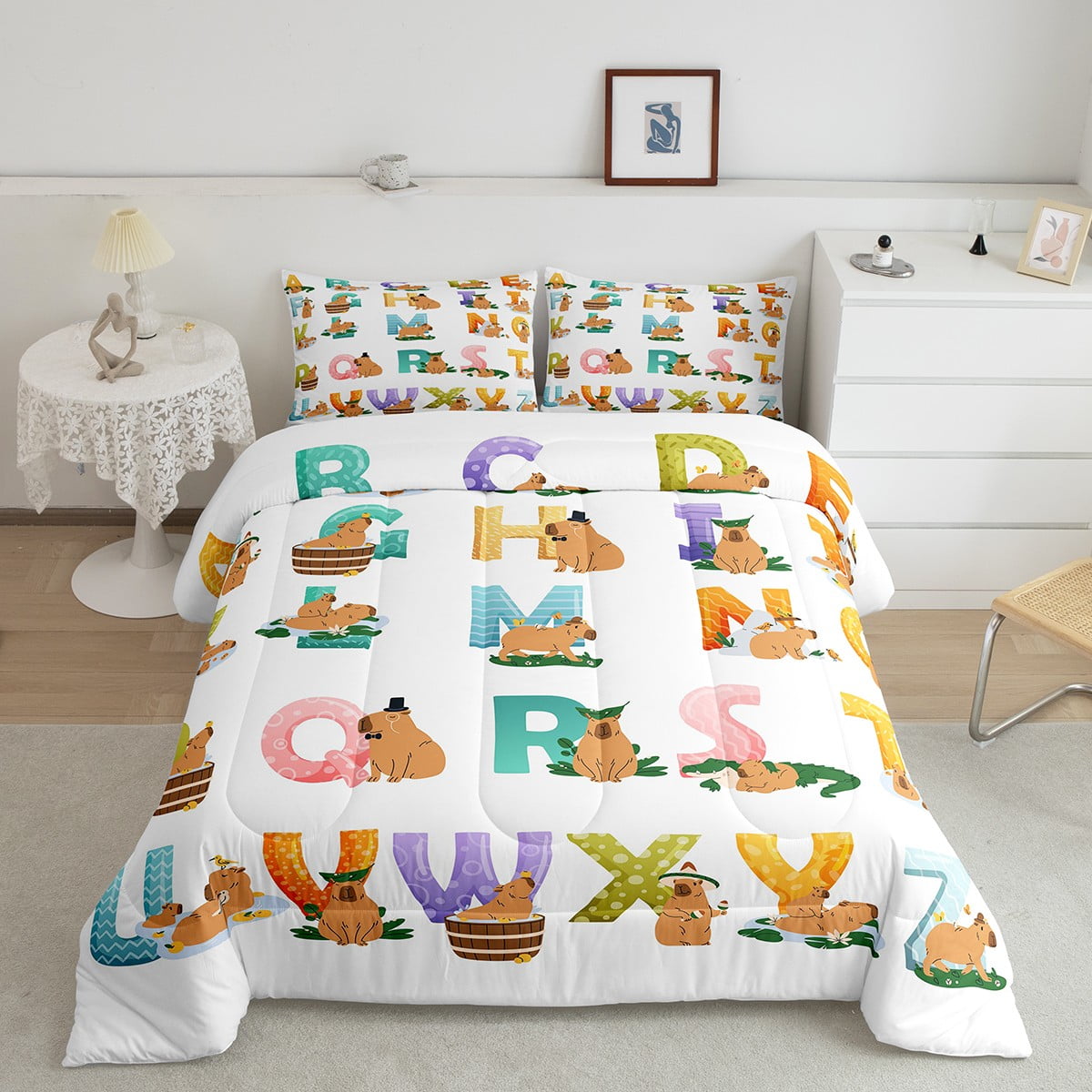 Cute Capybara Comforter Set Queen Funny Capybara Bedding Set, Rainbow ...