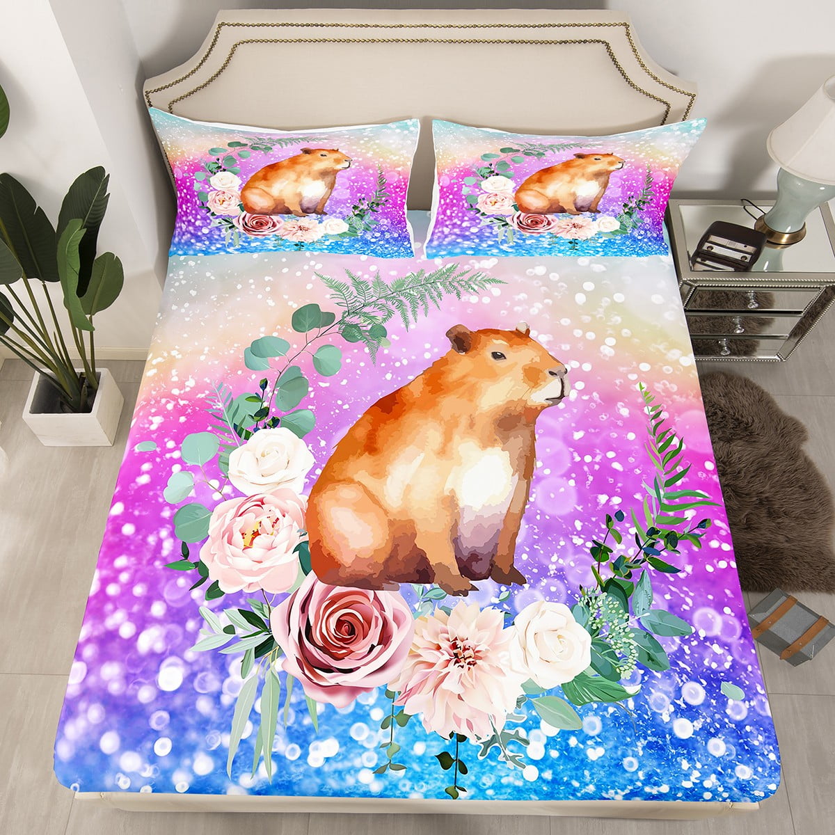 Cute Capybara Fitted Sheet Twin Kawaii Wildlife Capybara Bed Sheets ...