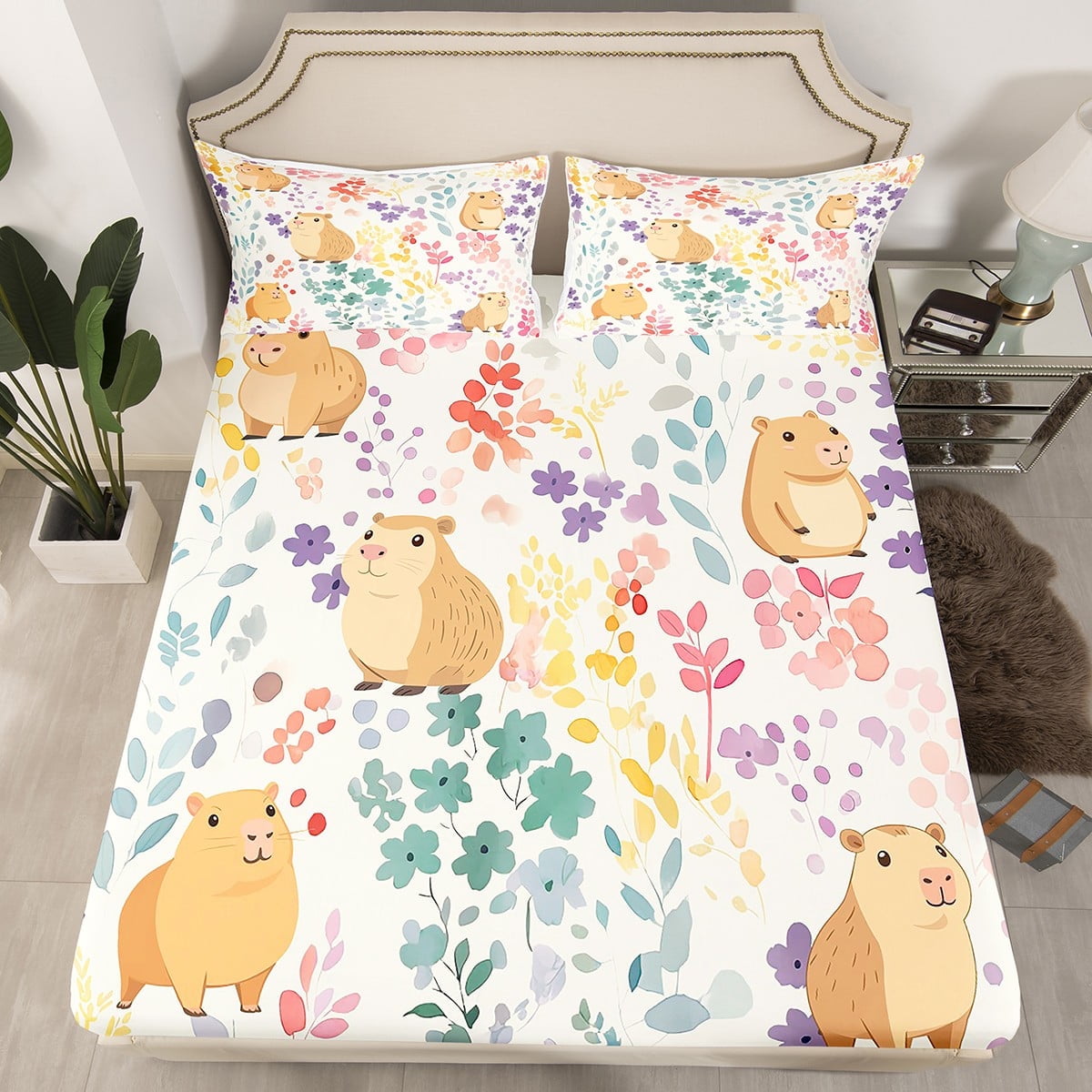 YST Cute Capybara Twin Fitted Sheet,Colorful Flower Capybara Kawaii ...