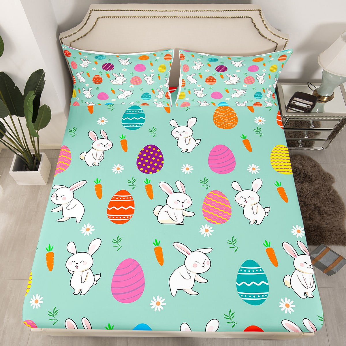 YST Cute Cartoon Rabbit Bed Sheets 3 Piece Easter Eggs Print Fitted ...