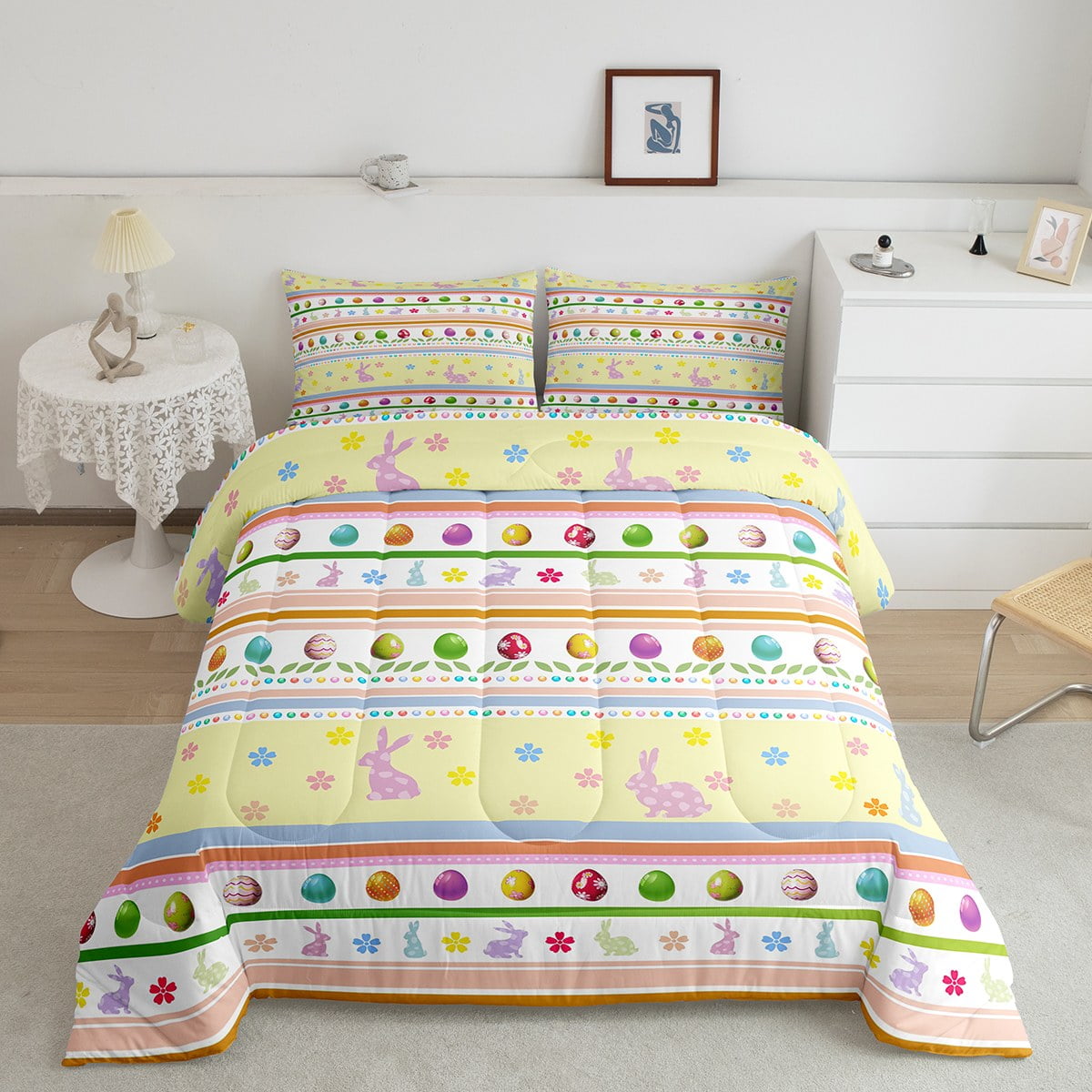 Cute Cartoon Rabbit Comforter Set Queen Size Easter Decoration Bedding ...