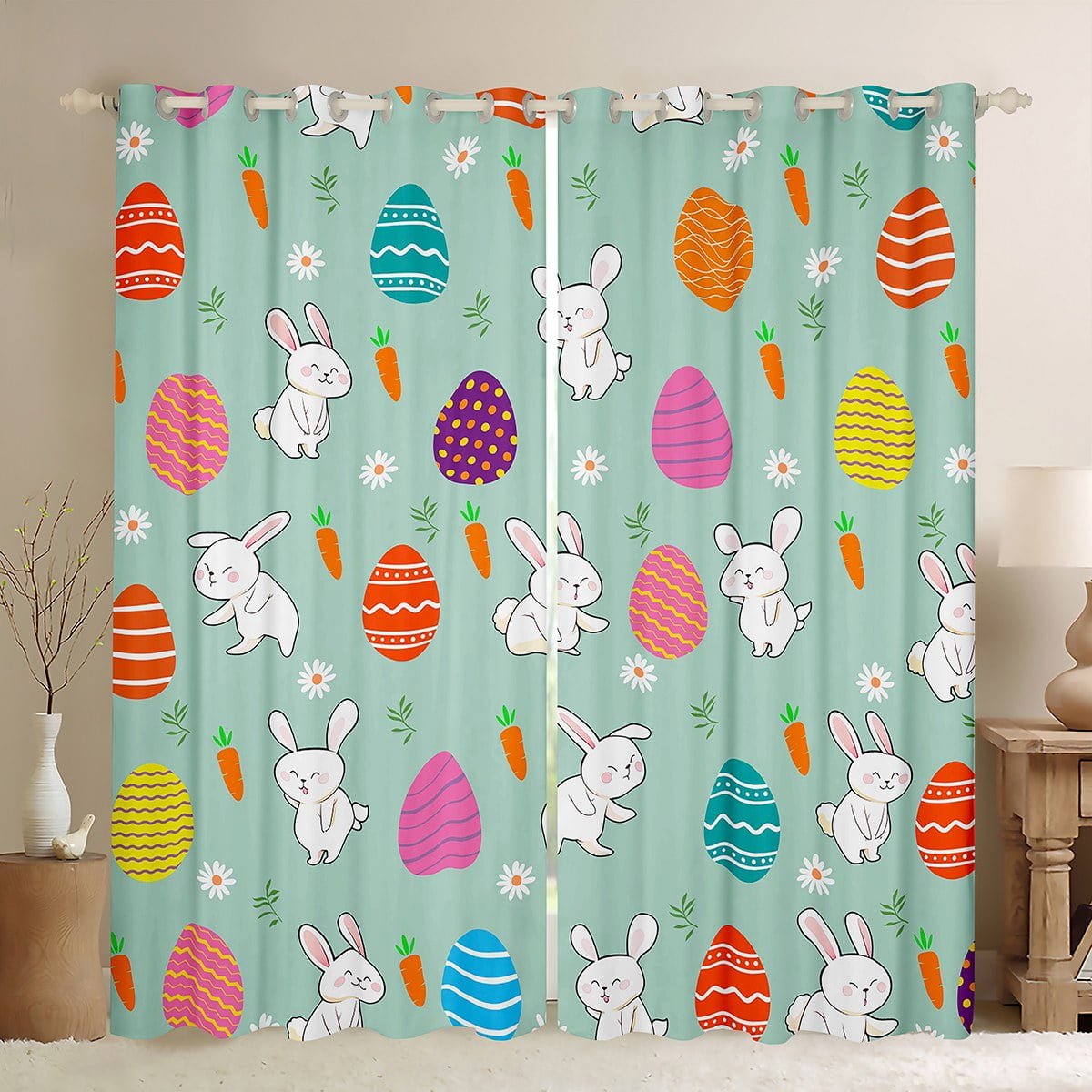YST Cute Cartoon Rabbit Curtains Easter Eggs Print Blackout Curtains ...