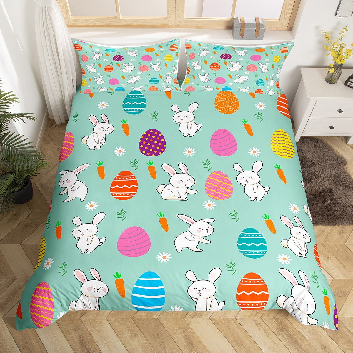 YST Cute Cartoon Rabbit Duvet Cover 3 Piece Easter Eggs Print Bedding ...