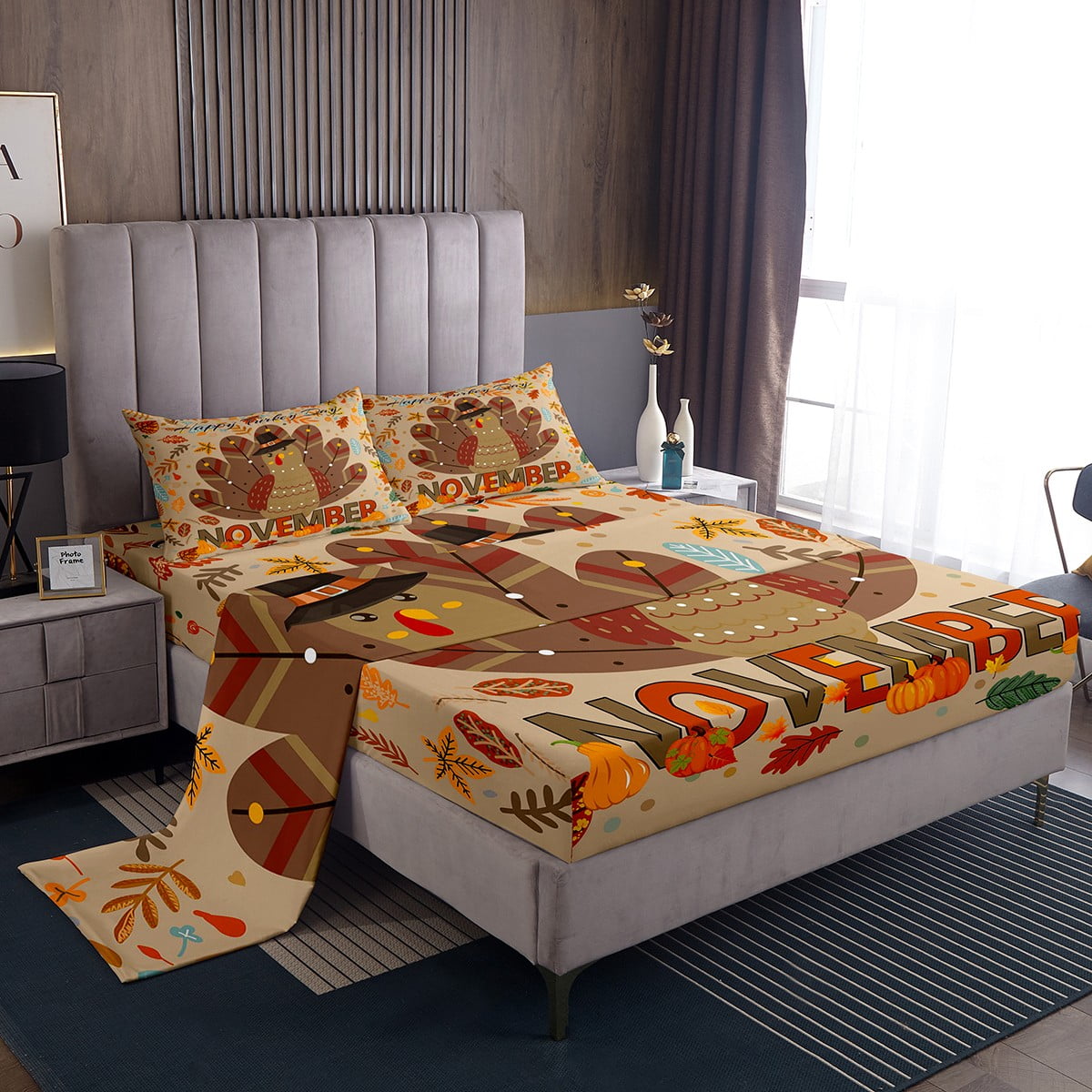 Cute Cartoon Turkey Comforter Set Autumn Harvest Sheet Set Queen Size ...