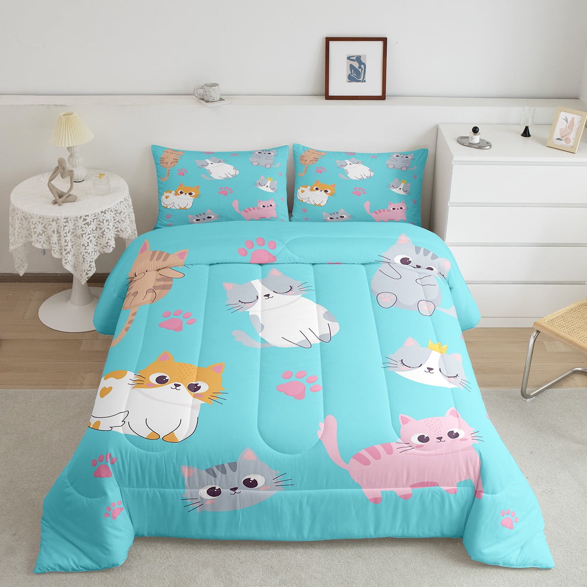 YST Cute Cat Comforter Kawaii Animal Queen Size Bedding Set For Girls ...