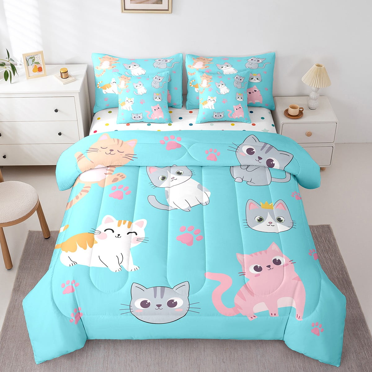 Erosebridal Cute Cat Comforter Set Kawaii Animal Twin Size Bedding Sets ...