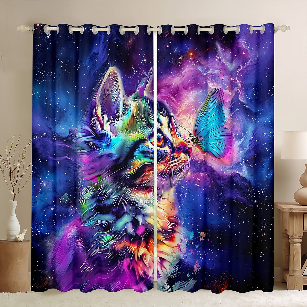 Cute Cat Curtains Purple Galaxy 30%-50% Blackout Curtains, Blue ...