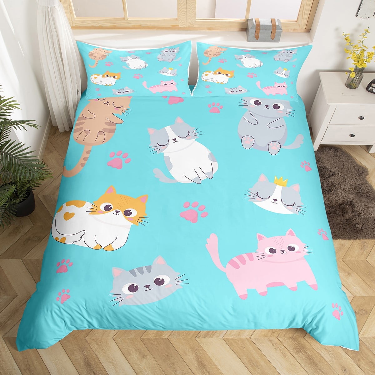 YST Cute Cat Duvet Cover Kawaii Animal Queen Size Bedding Set For Kids ...