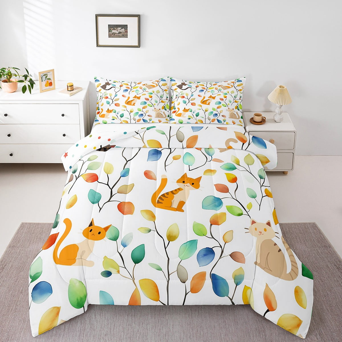 Cute Cat Full Comforter Set Hippie Floral Bedding Set, Chic Flower ...