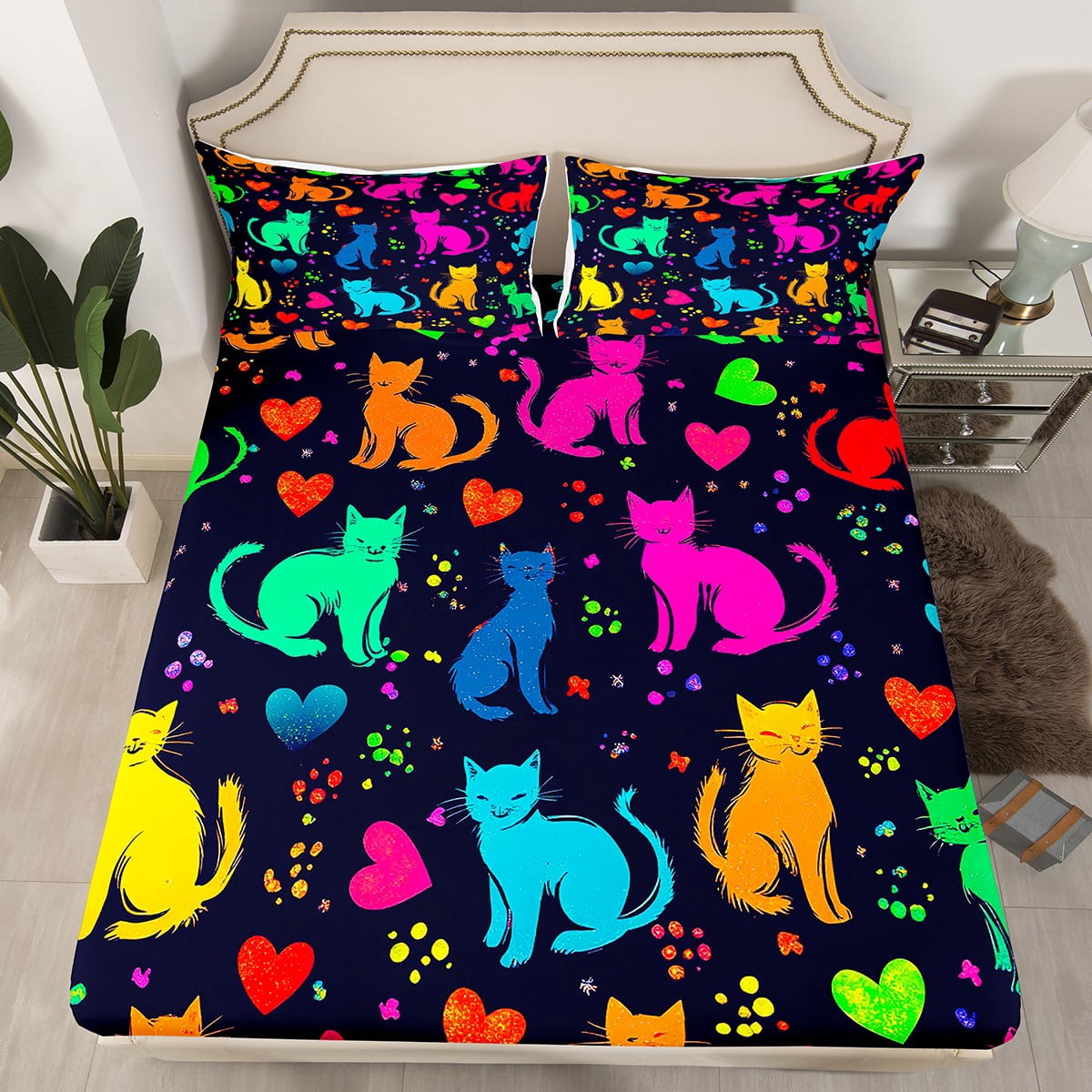 Cute Cat Kitten Bed Sheets Cartoon Animal Fitted Sheet Queen Size ...