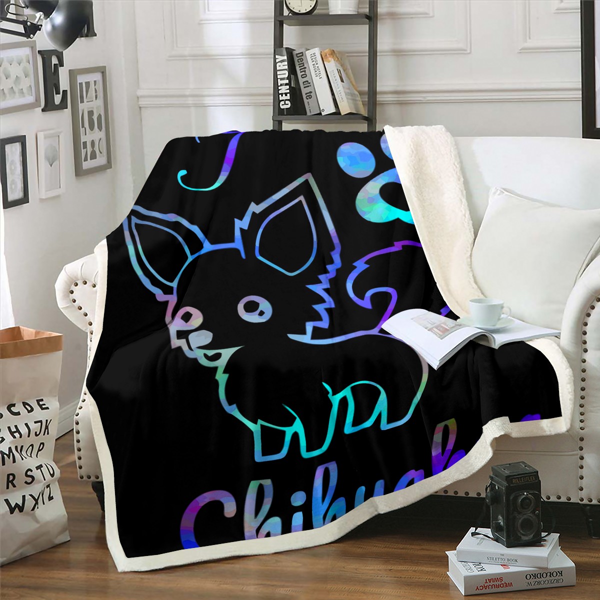 Cute Chihuahua Sherpa Blanket Kawaii Neon Dog Blanket, Black Navy Blue ...