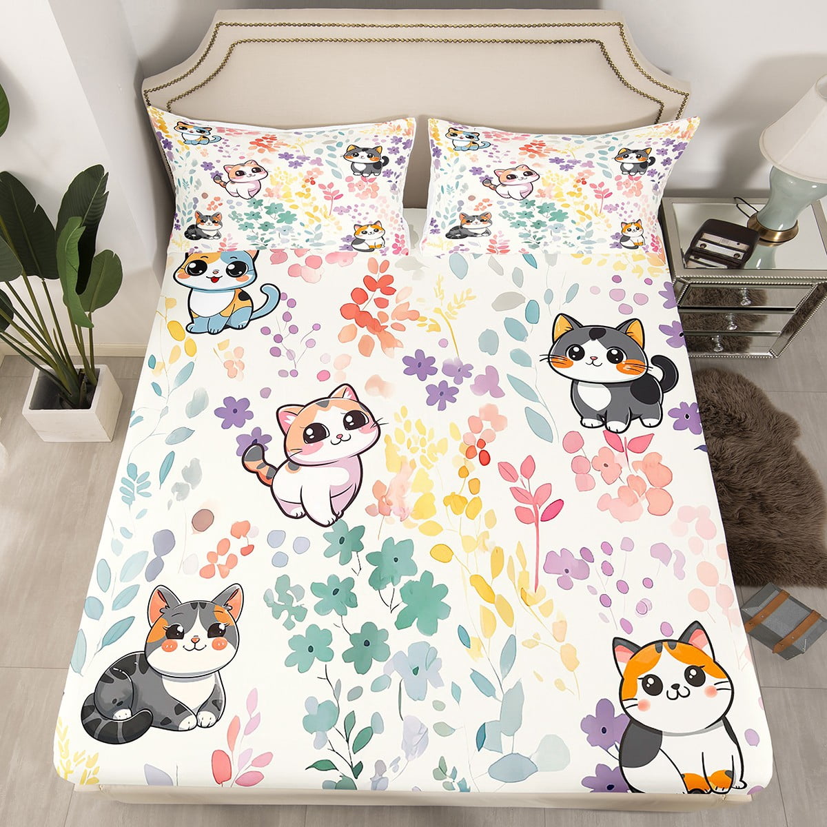 YST Cute Colorful Cat Twin Fitted Sheet,Rainbow Flower Cat Kawaii ...