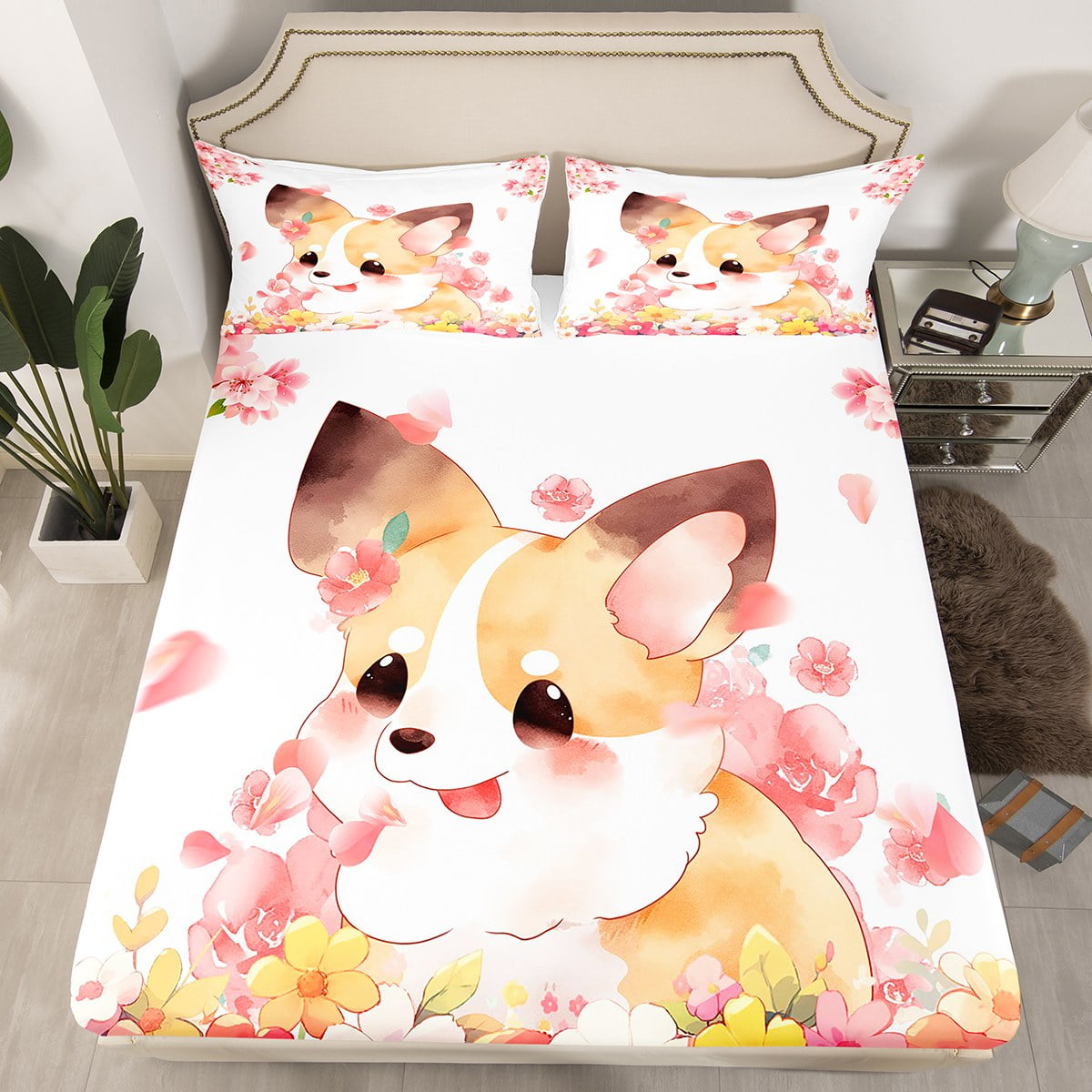 YST Cute Corgi Bed Sheets Cartoon Puppy Dog Fitted Sheet Kawaii Pet Animal Bedding Set Queen for ...