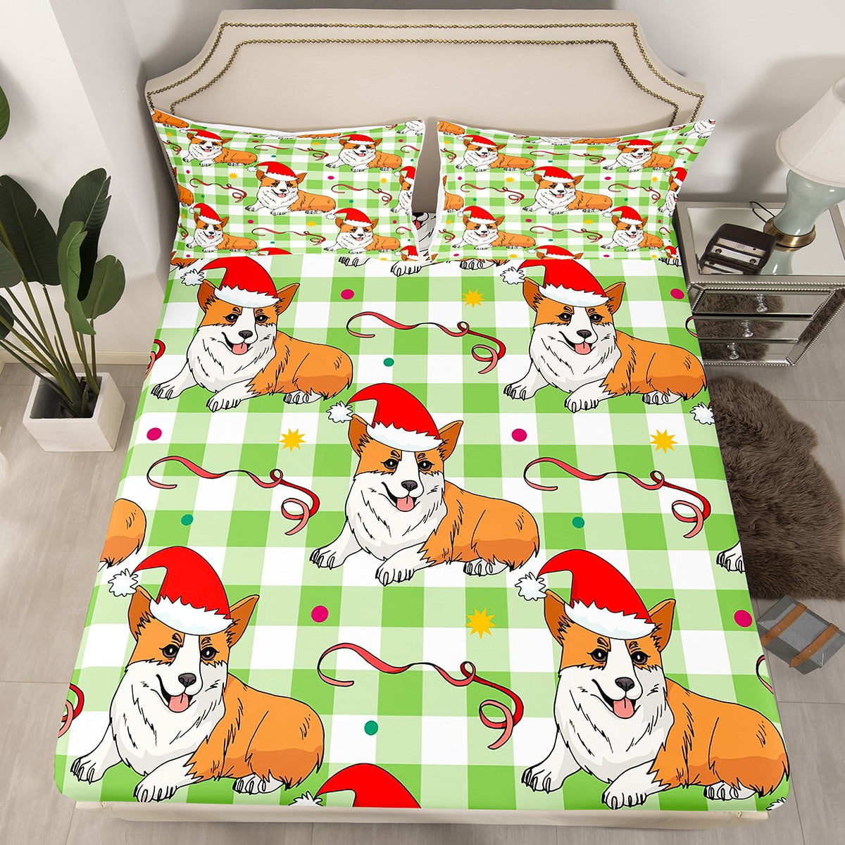 YST Cute Corgi Bedding Set Green Buffalo Plaid Bed Sheets Queen Merry ...